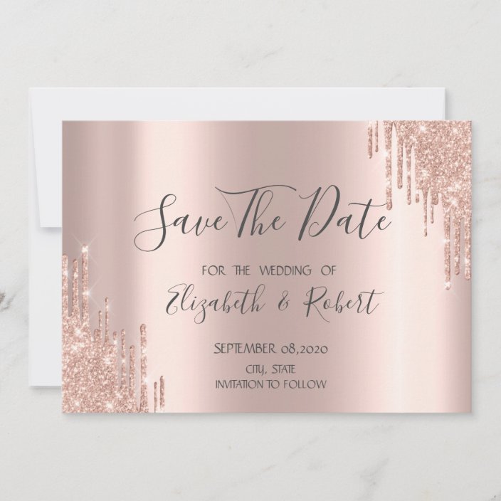 Elegant Rose Gold Glitter Drips Save The Date | Zazzle.com