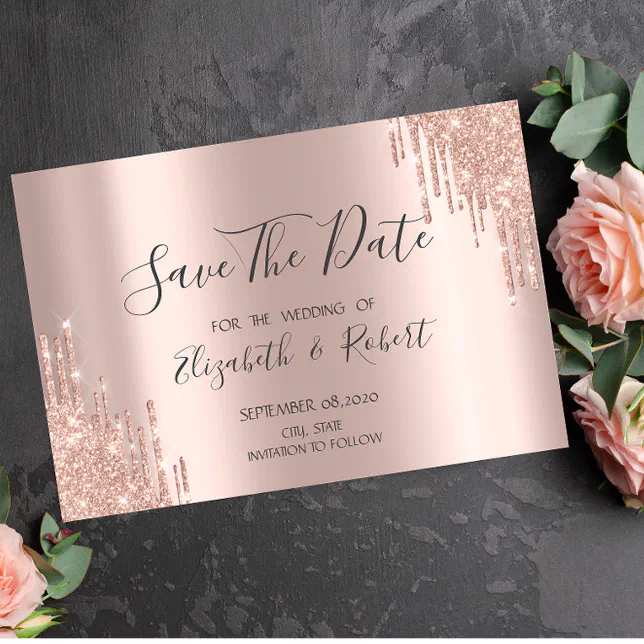 Elegant Rose Gold Glitter Drips Save The Date | Zazzle