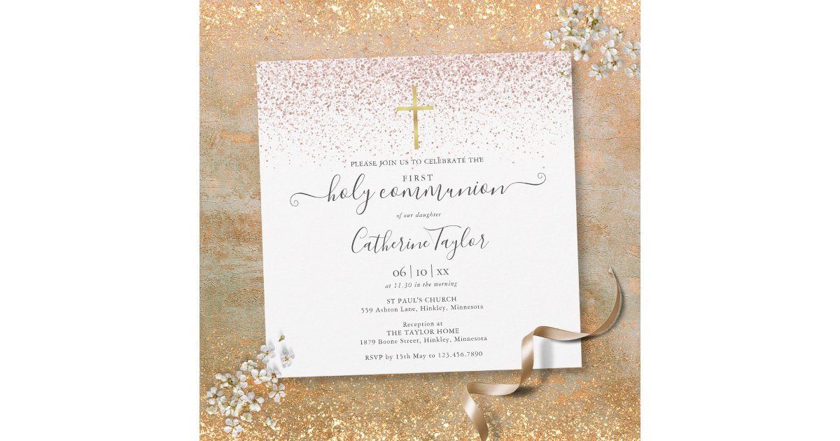 Elegant Rose Gold Glitter First Holy Communion Invitation | Zazzle