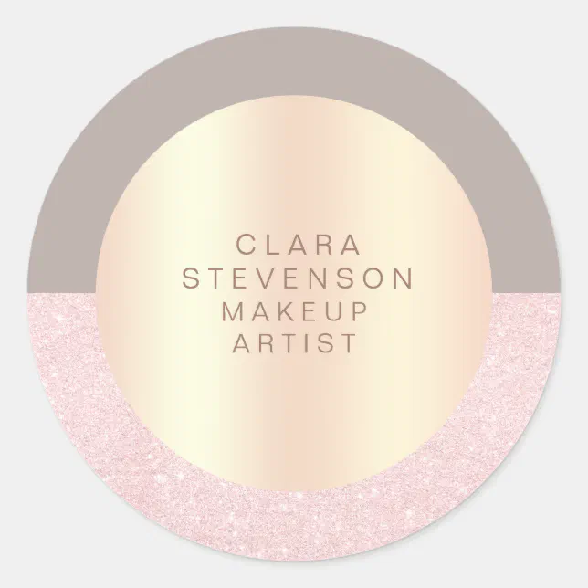 Elegant rose gold glitter & grey makeup artist classic round sticker ...