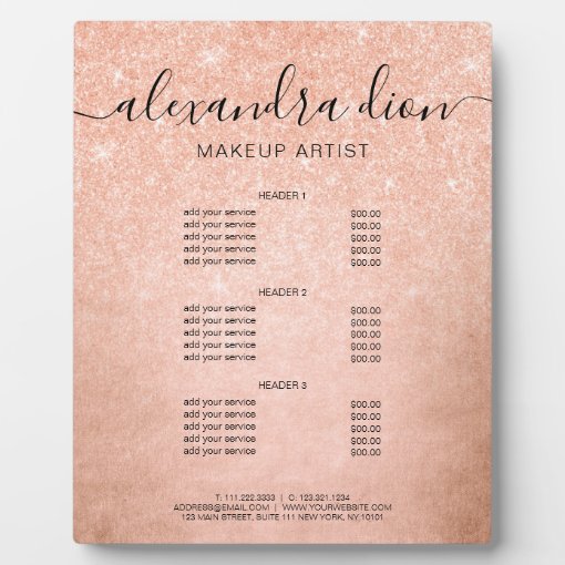 Elegant rose gold glitter makeup artist services plaque | Zazzle