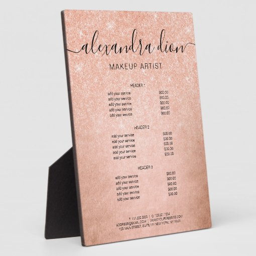 Elegant rose gold glitter makeup artist services plaque | Zazzle
