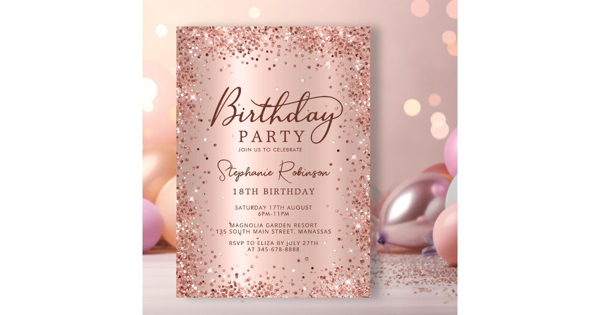 Elegant Rose Gold Glitter Metal 18th Birthday Invitation | Zazzle