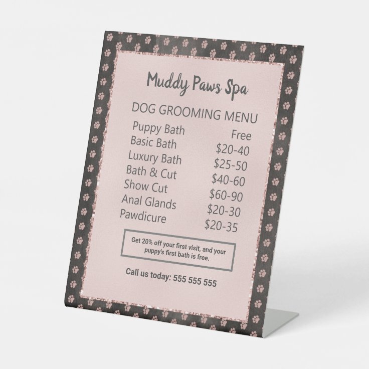 Elegant Rose Gold Glitter Paws Dog Grooming Menu Pedestal Sign | Zazzle