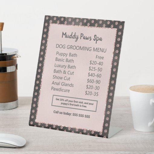 Elegant Rose Gold Glitter Paws Dog Grooming Menu Pedestal Sign | Zazzle