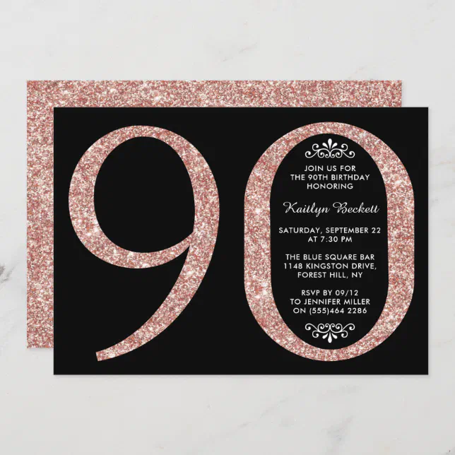 Elegant Rose Gold Glitter Typography 90th Birthday Invitation | Zazzle