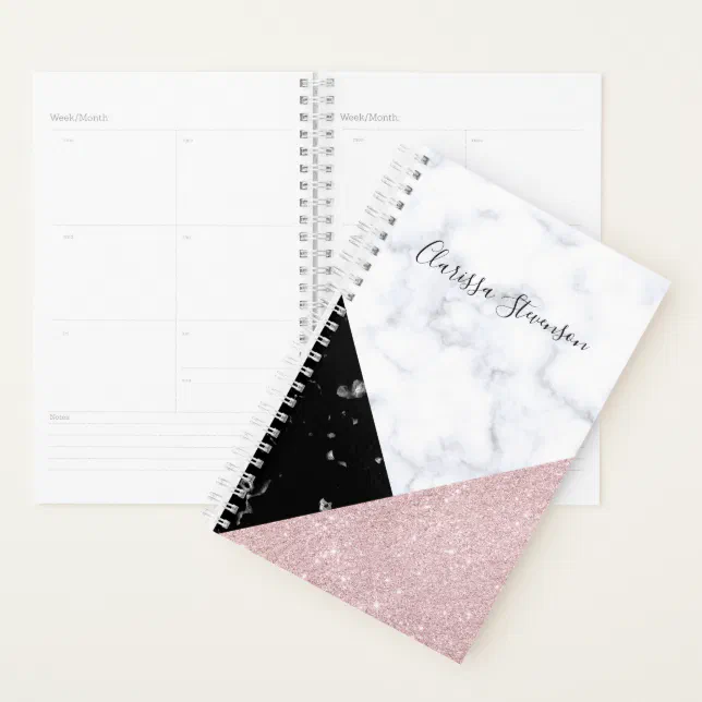 Elegant rose gold glitter white black marble planner | Zazzle