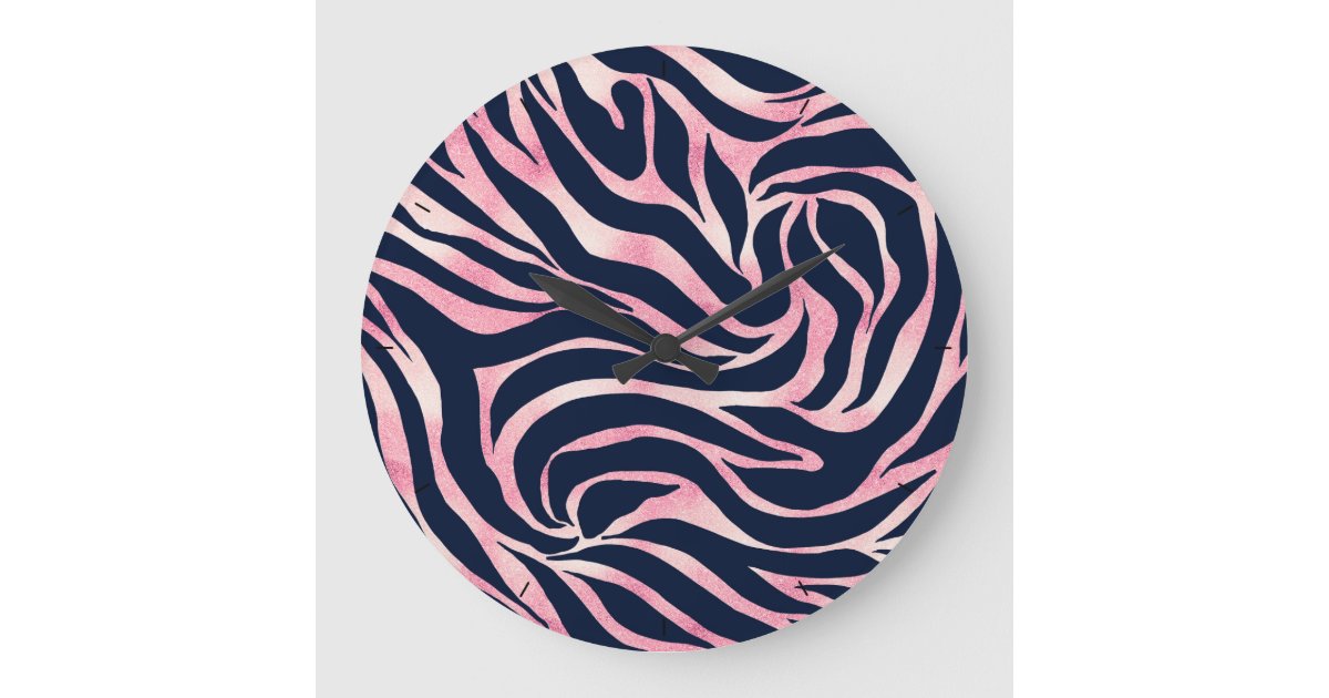 Elegant Rose Gold Glitter Zebra Blue Animal Print Large Clock | Zazzle