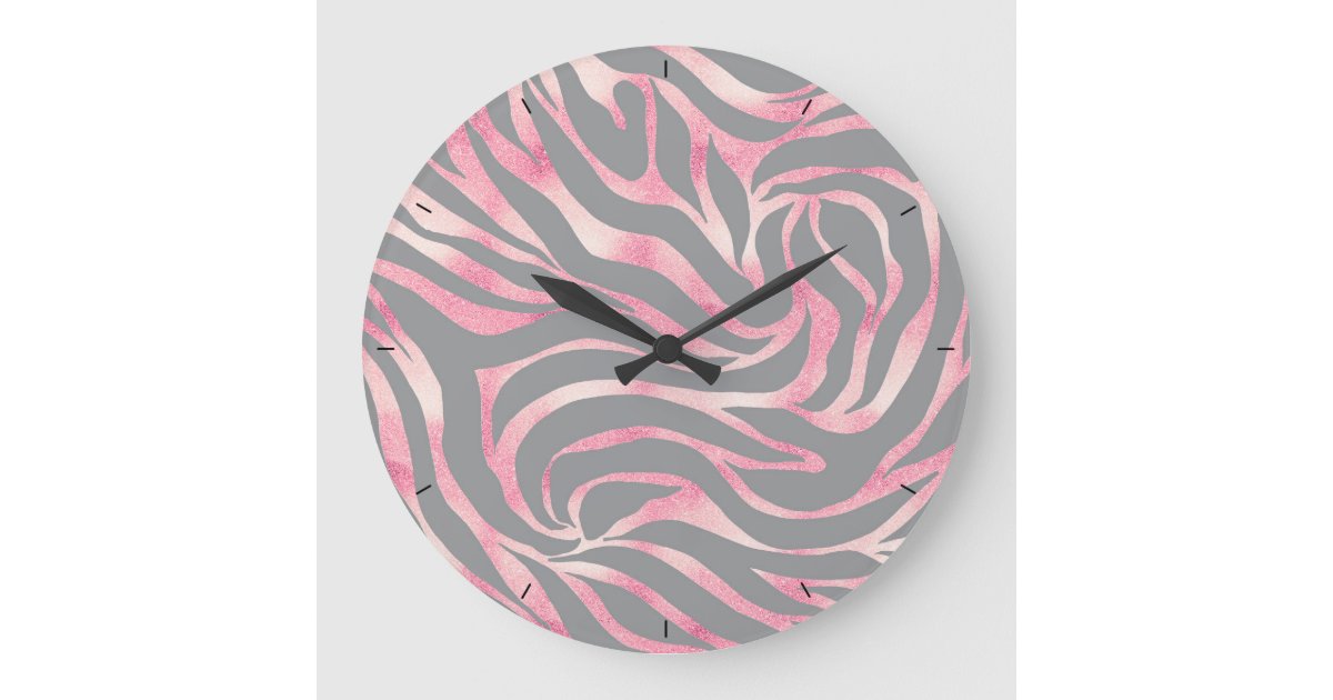 Elegant Rose Gold Glitter Zebra Gray Animal Print Large Clock | Zazzle