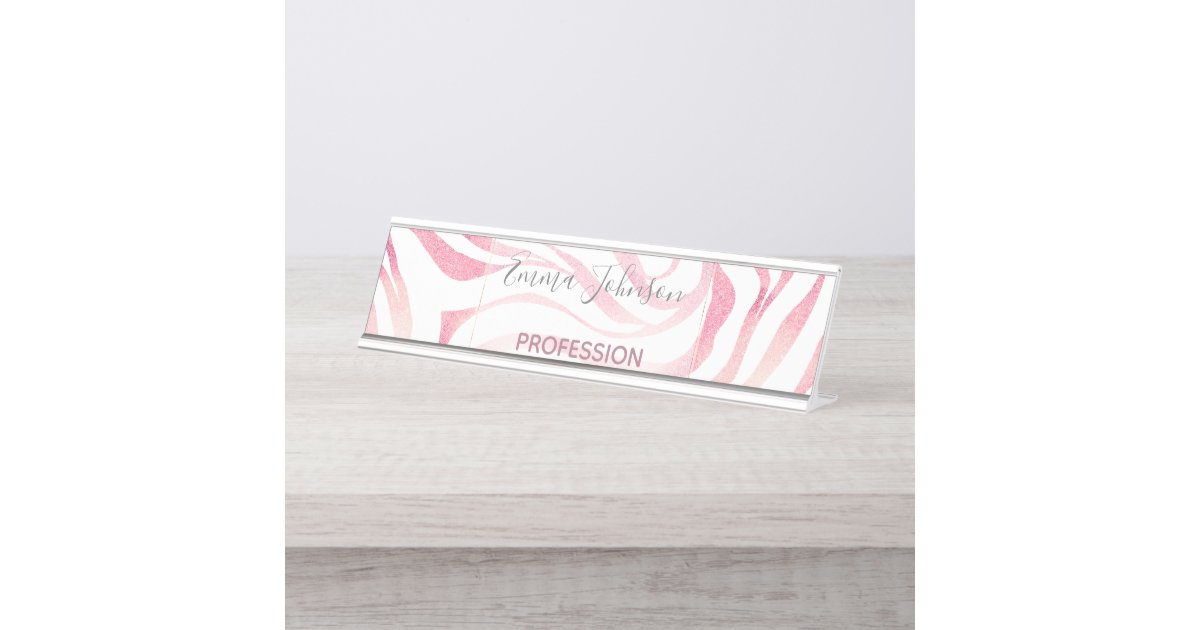 Elegant Rose Gold Glitter Zebra White Animal Print Desk Name Plate | Zazzle