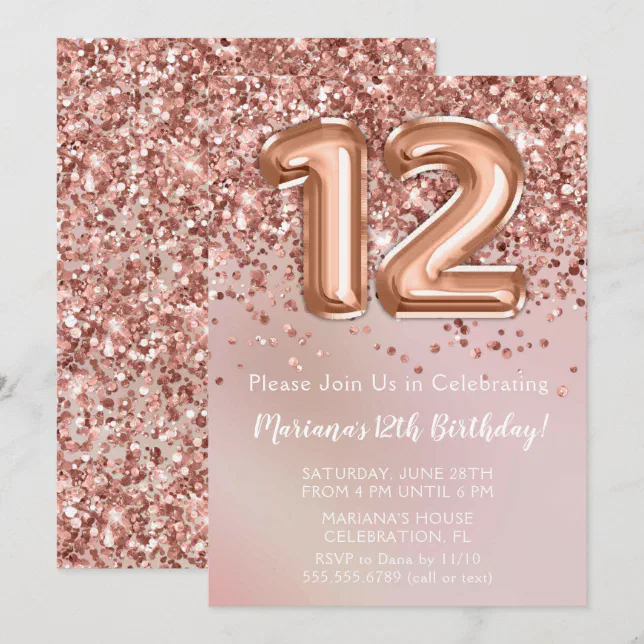Elegant Rose Gold Kids Girl 12th Birthday Party Invitation | Zazzle