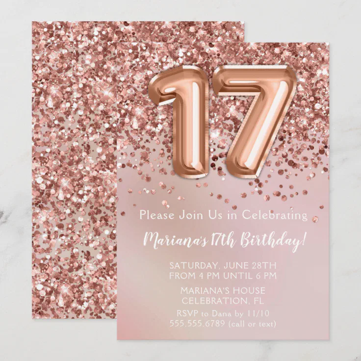 Elegant Rose Gold Kids Girl 17th Birthday Party Invitation | Zazzle