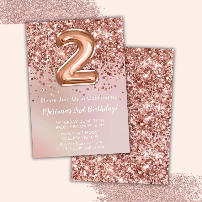 Elegant Rose Gold Kids Girl 2nd Birthday Party Invitation | Zazzle