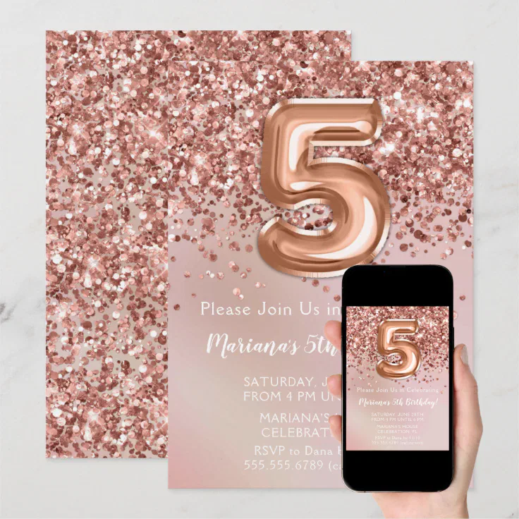 Elegant Rose Gold Kids Girl 5th Birthday Party Invitation | Zazzle