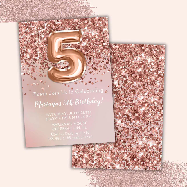 Elegant Rose Gold Kids Girl 5th Birthday Party Invitation | Zazzle