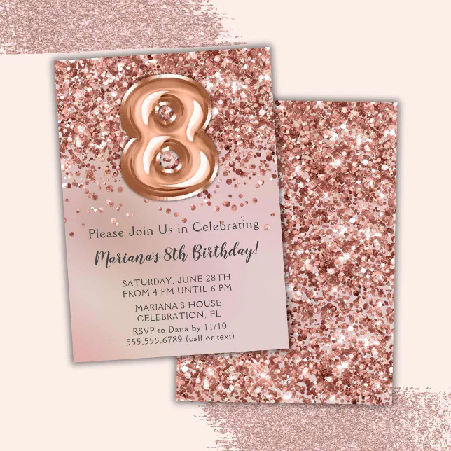 Elegant Rose Gold Kids Girl 8th Birthday Party Inv Invitation | Zazzle