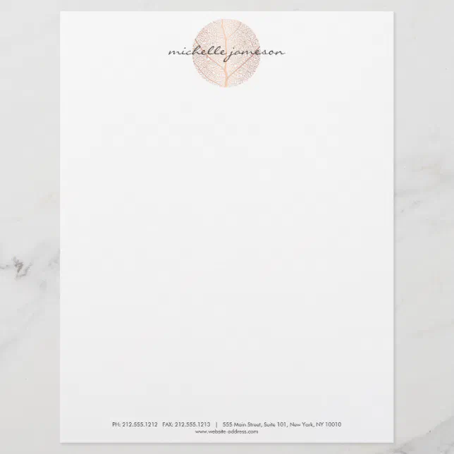 Elegant Rose Gold Leaf Logo on White Letterhead | Zazzle