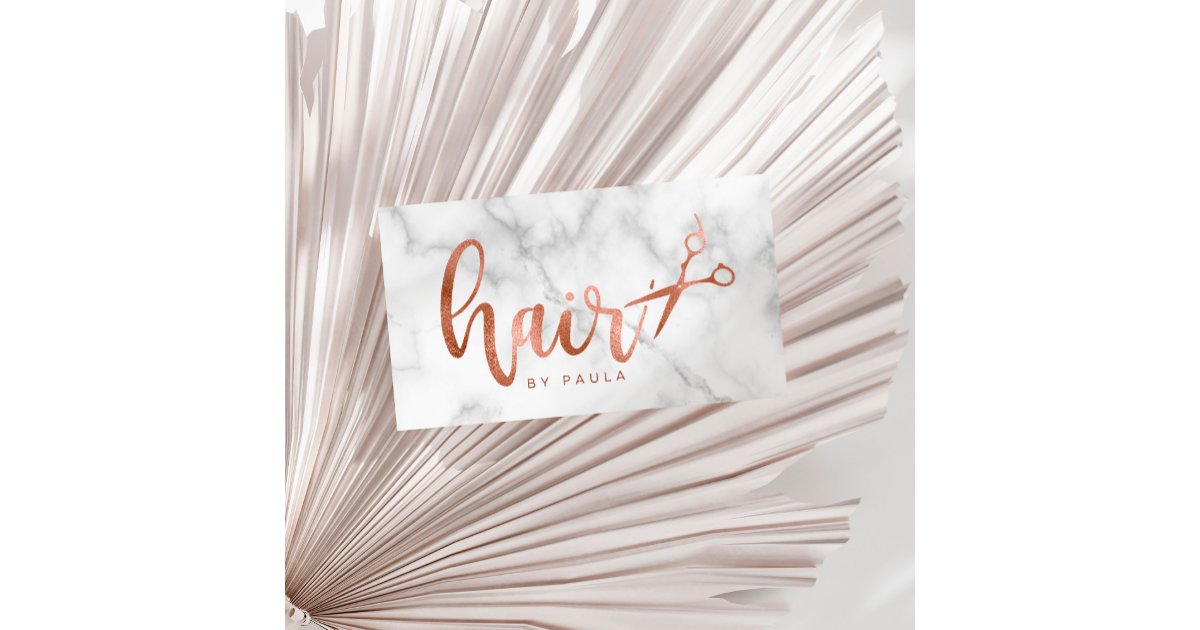 Elegant rose gold marble scissors hairstylist business card | Zazzle