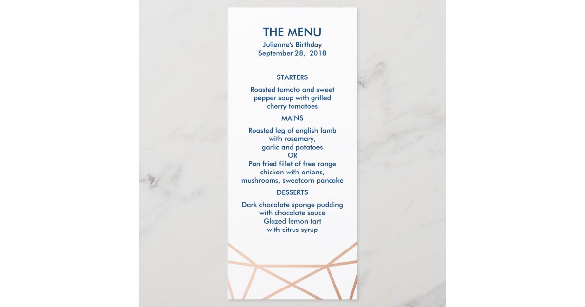 Elegant Rose Gold & Navy Blue Geometric 4x9 Menu | Zazzle