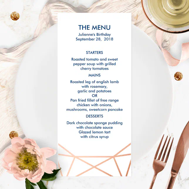 Elegant Rose Gold & Navy Blue Geometric 4x9 Menu | Zazzle