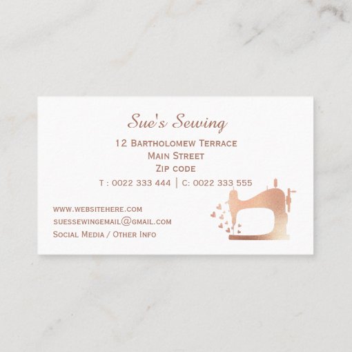 Elegant Rose Gold Navy Sewing Machine Business Card | Zazzle
