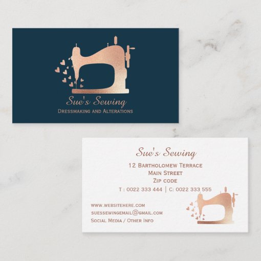 Elegant Rose Gold Navy Sewing Machine Business Card | Zazzle