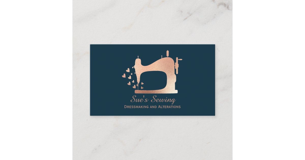 Elegant Rose Gold Navy Sewing Machine Business Card | Zazzle