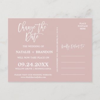 Elegant Rose Gold | Pink 3 Photo Change the Date Announcement Postcard ...