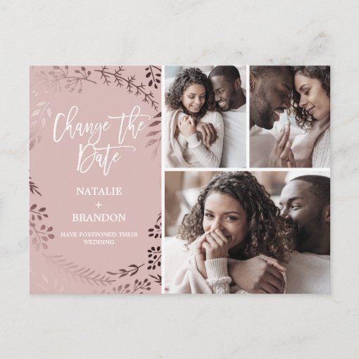 Elegant Rose Gold | Pink 3 Photo Change the Date Announcement Postcard ...