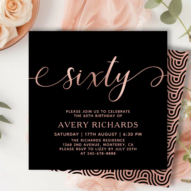 Elegant Rose Gold Sixty Script Black 60th Birthday Invitation | Zazzle