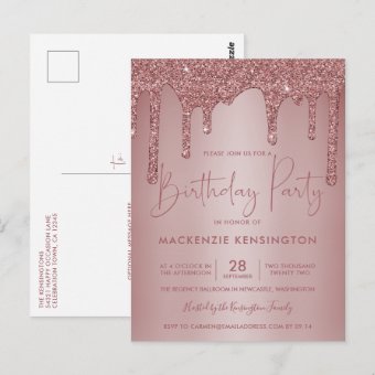Elegant Rose Gold Sparkle Glitter Drips Birthday Postcard | Zazzle