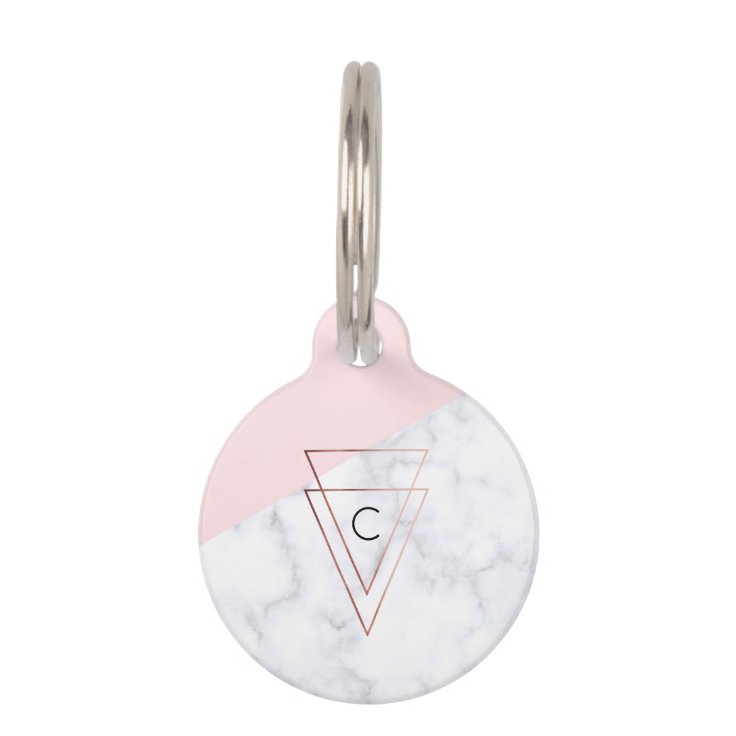 elegant rose gold triangles white marble pink pet name tag | Zazzle
