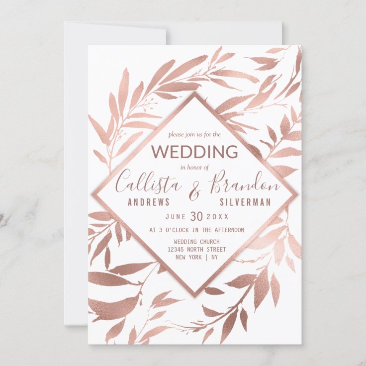 Elegant Rose Gold White Floral Leaves Wedding Invitation | Zazzle
