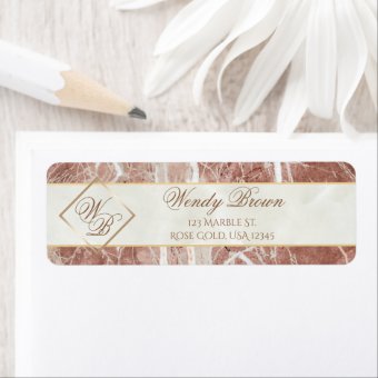 Elegant Rose Gold | White Marble Monogram Label | Zazzle