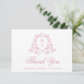 Elegant Rose Pink Floral Crest Monogram Wedding Thank You Card | Zazzle