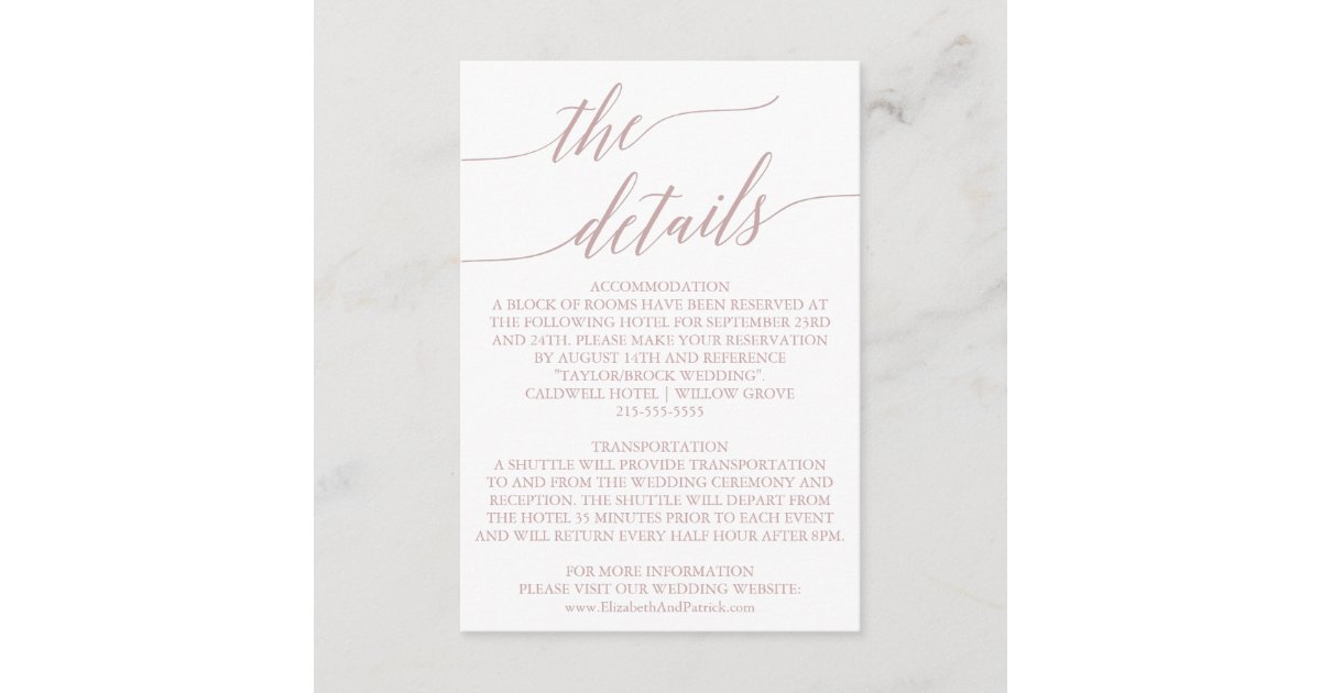 Elegant Rose Quartz Calligraphy Details Card | Zazzle