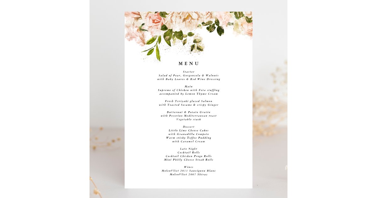 Elegant Rose Romance Wedding Menu | Zazzle