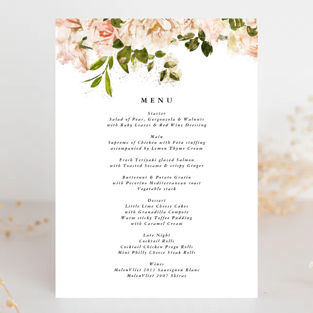 Elegant Rose Romance Wedding Menu | Zazzle