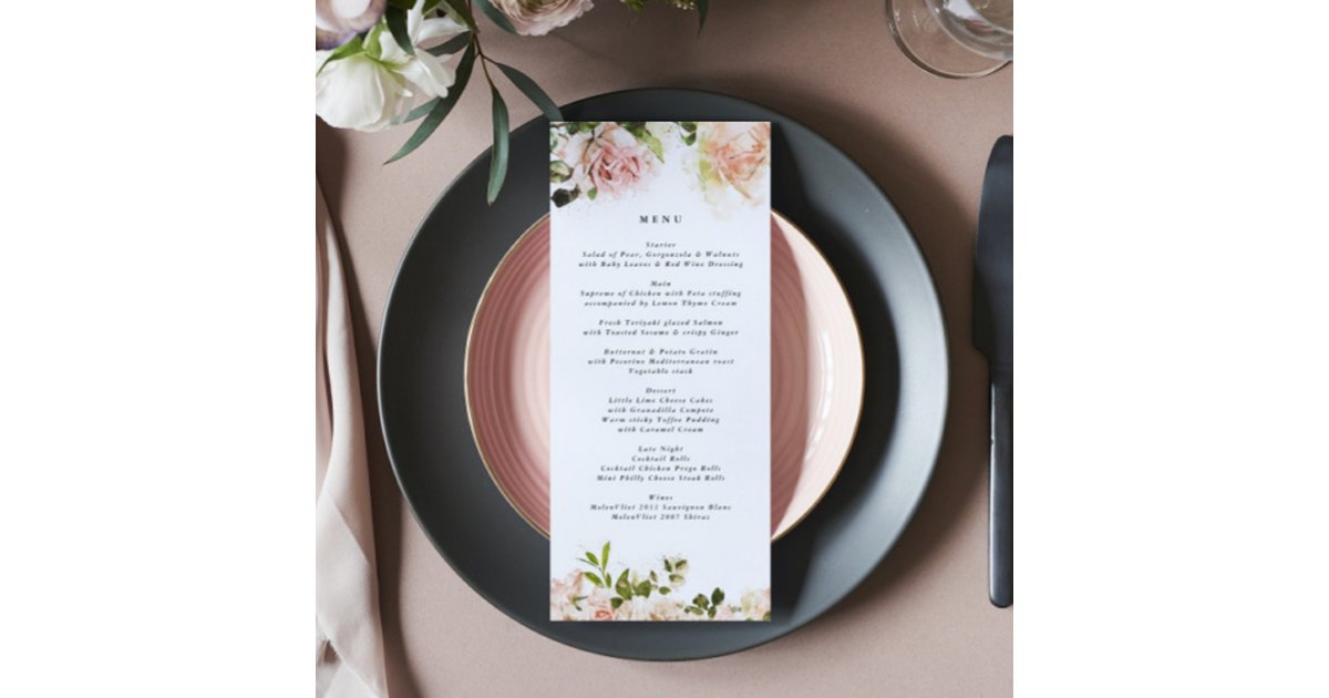 Elegant Rose Romance Wedding Menu | Zazzle