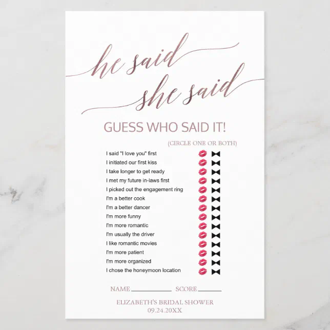 Elegant RoseGold Calligraphy He Said She Said Game | Zazzle