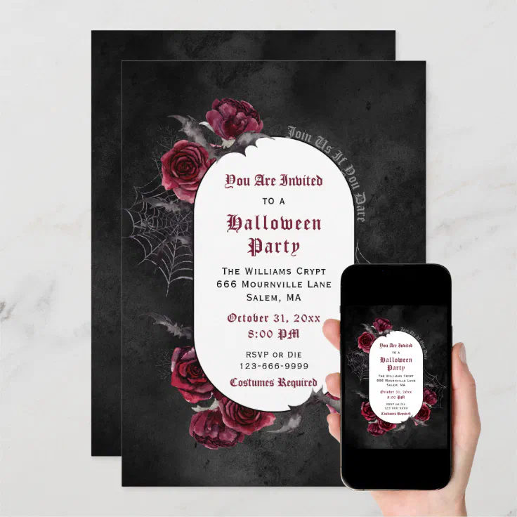 Elegant Roses Bats Halloween Invitation | Zazzle