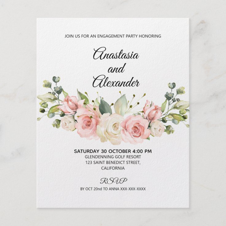 Elegant roses/Budget - Engagement Party Invitation Flyer | Zazzle