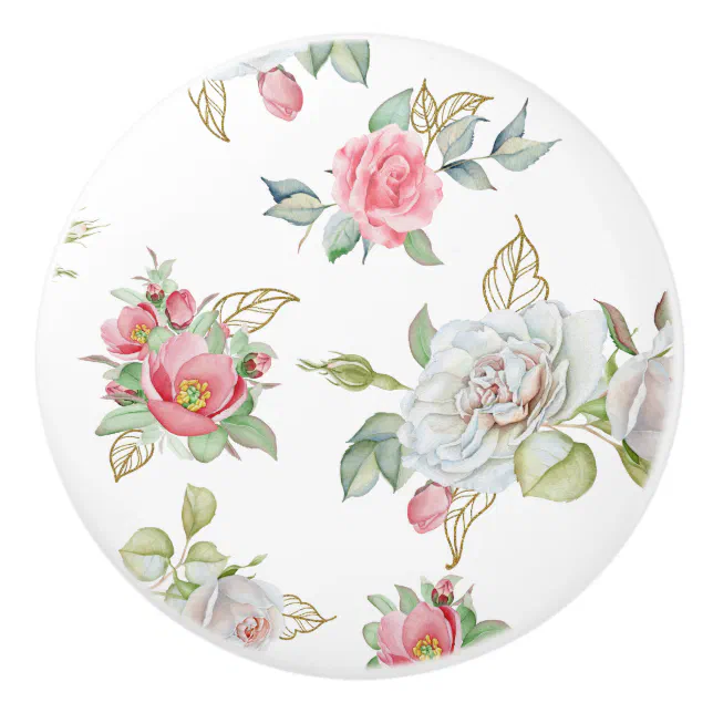 Elegant Roses with Gold Engraved Leaves Ceramic Knob | Zazzle