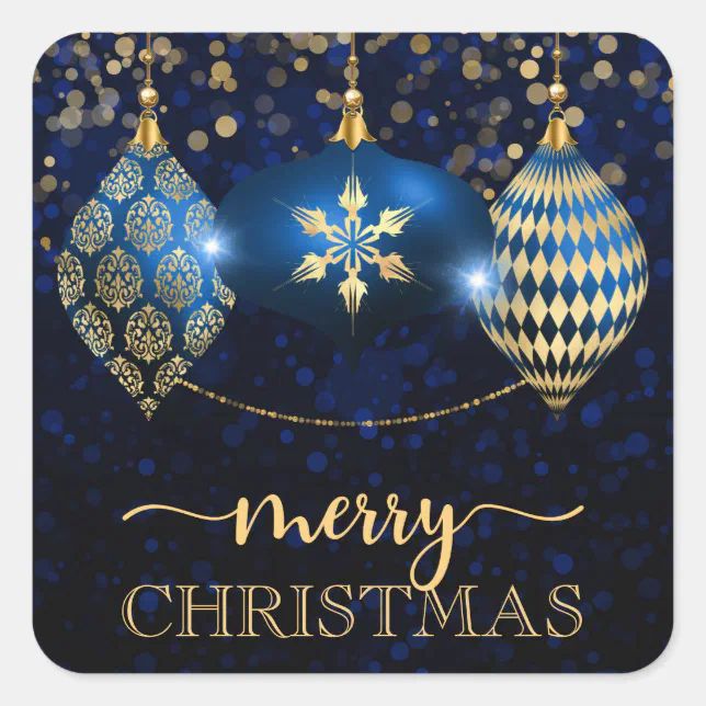 Elegant Royal Blue and Gold Bauble Merry Christmas Square Sticker | Zazzle