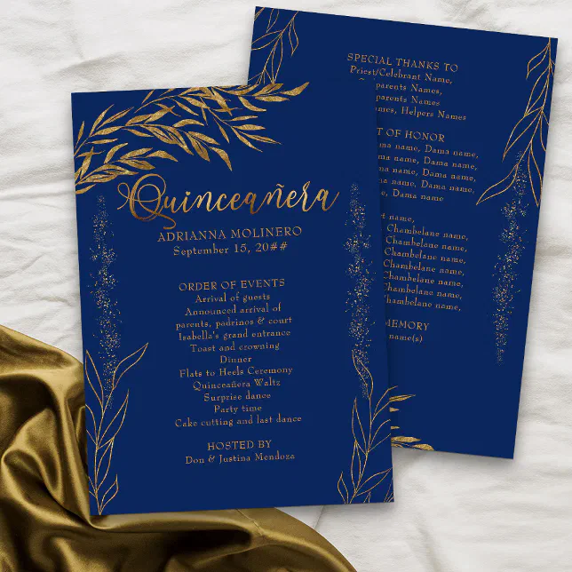 Elegant Royal Blue and Gold Leaf Quinceanera Program | Zazzle