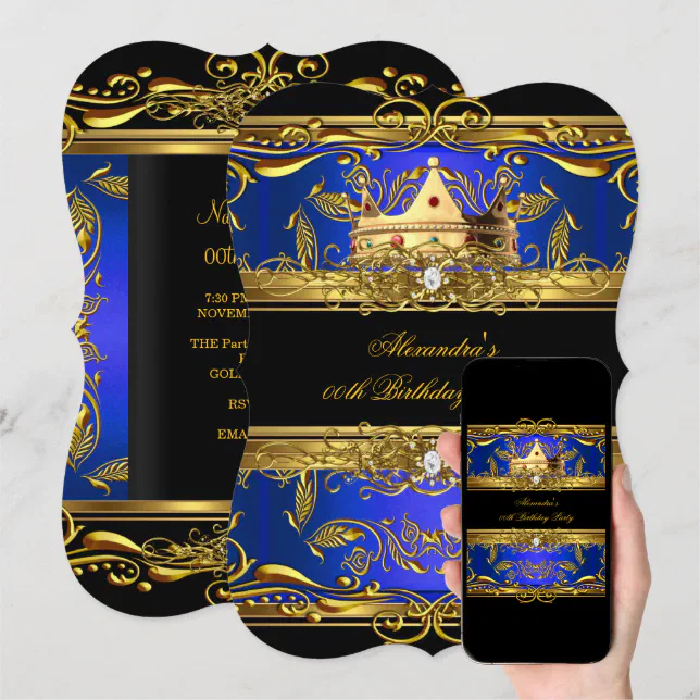 Elegant Royal Blue Black King Queen Birthday Party Invitation | Zazzle