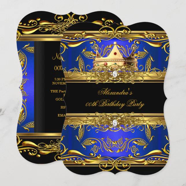 Elegant Royal Blue Black King Queen Birthday Party Invitation | Zazzle