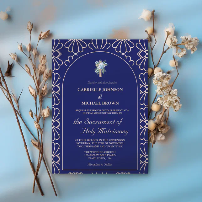 Elegant Royal Blue Floral Nuptial Mass Wedding Invitation | Zazzle