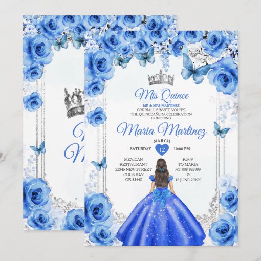 Elegant Royal Blue Floral Princess Mis Quince Invitation | Zazzle
