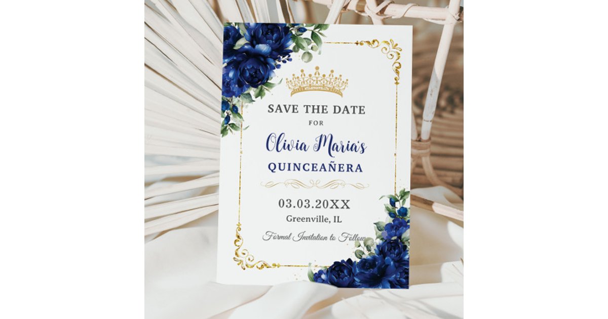 Elegant Royal Blue Flowers Gold Quinceañera 16th Save The Date | Zazzle